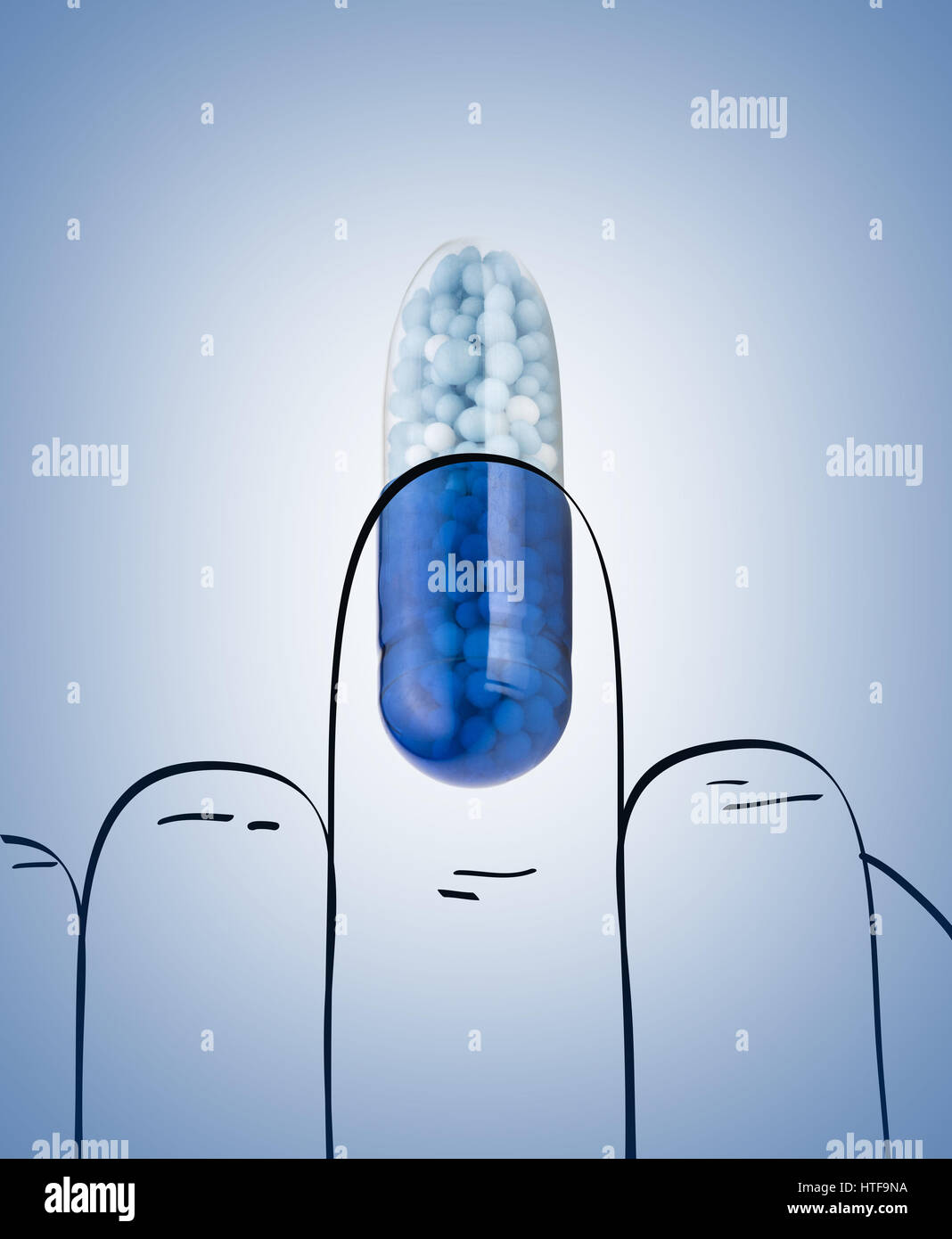 Blue capsules and pills background. Concept of Bullet and direct hit in ...