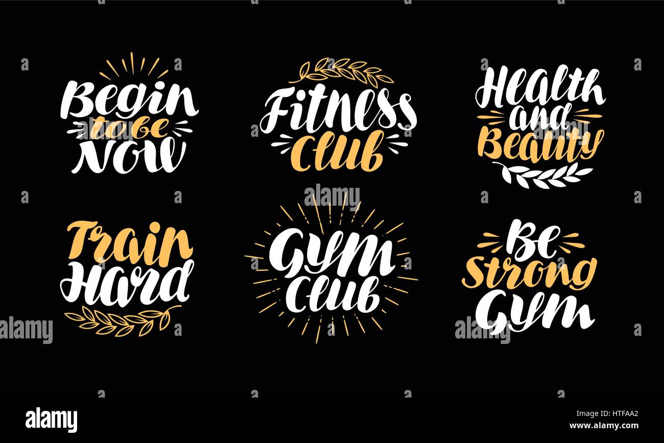 Fitness, gym, bodybuilding label. Sport symbol set. Lettering ...