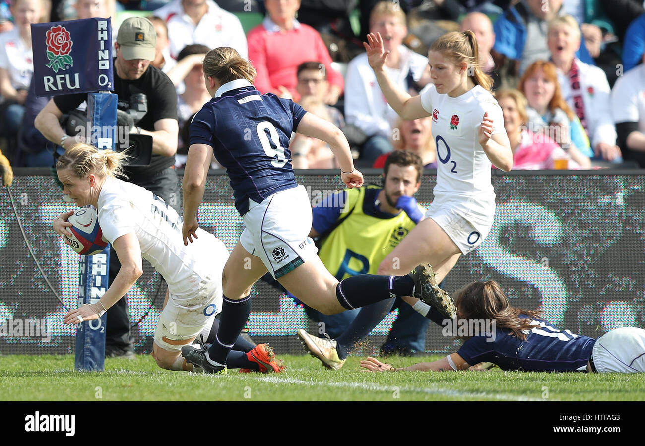 England Women's Danielle Waterman scores their 5th try during the RBS ...