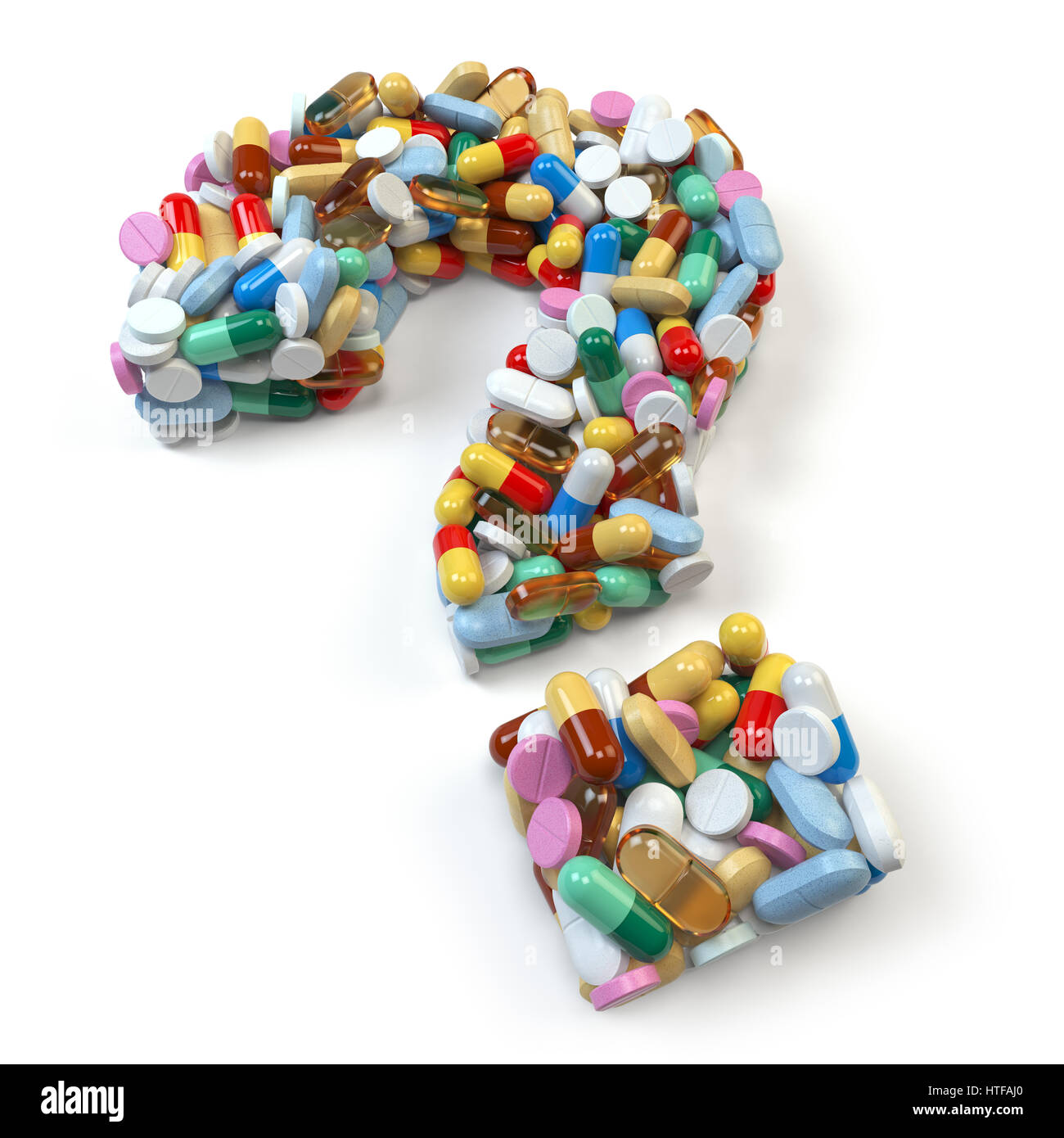 Question mark from red pills and capsules on white background. Medical ...