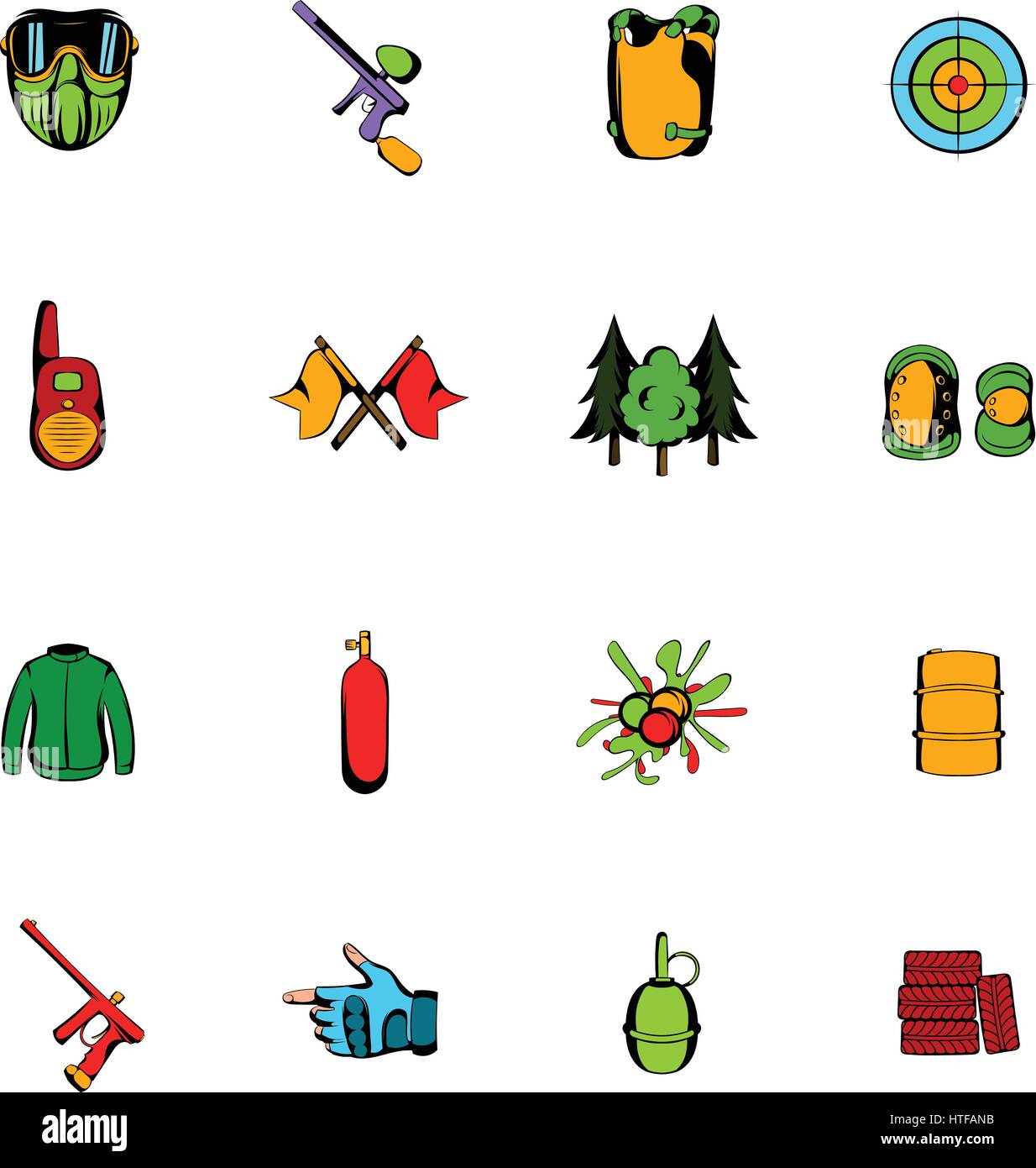 Paintball game comics icons set in cartoon style isolated on white ...