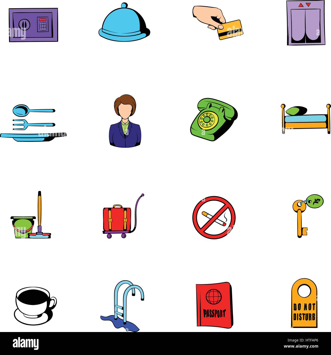 Hotel comics icons set in cartoon style isolated on white background ...