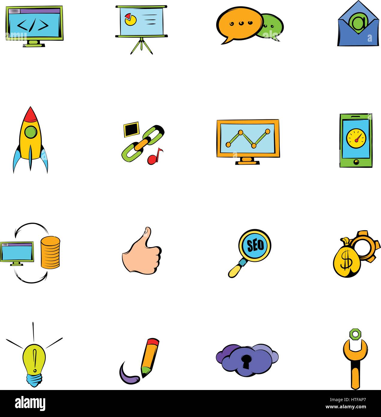 Seo icons set in cartoon style isolated on white background vector ...