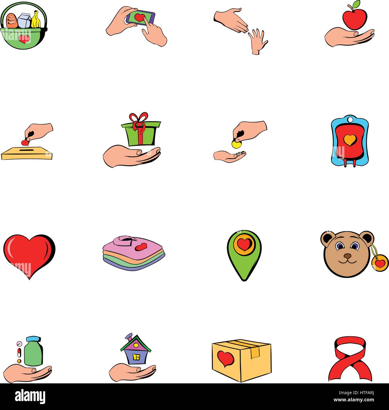 Charity icons set in cartoon style isolated on white background vector ...