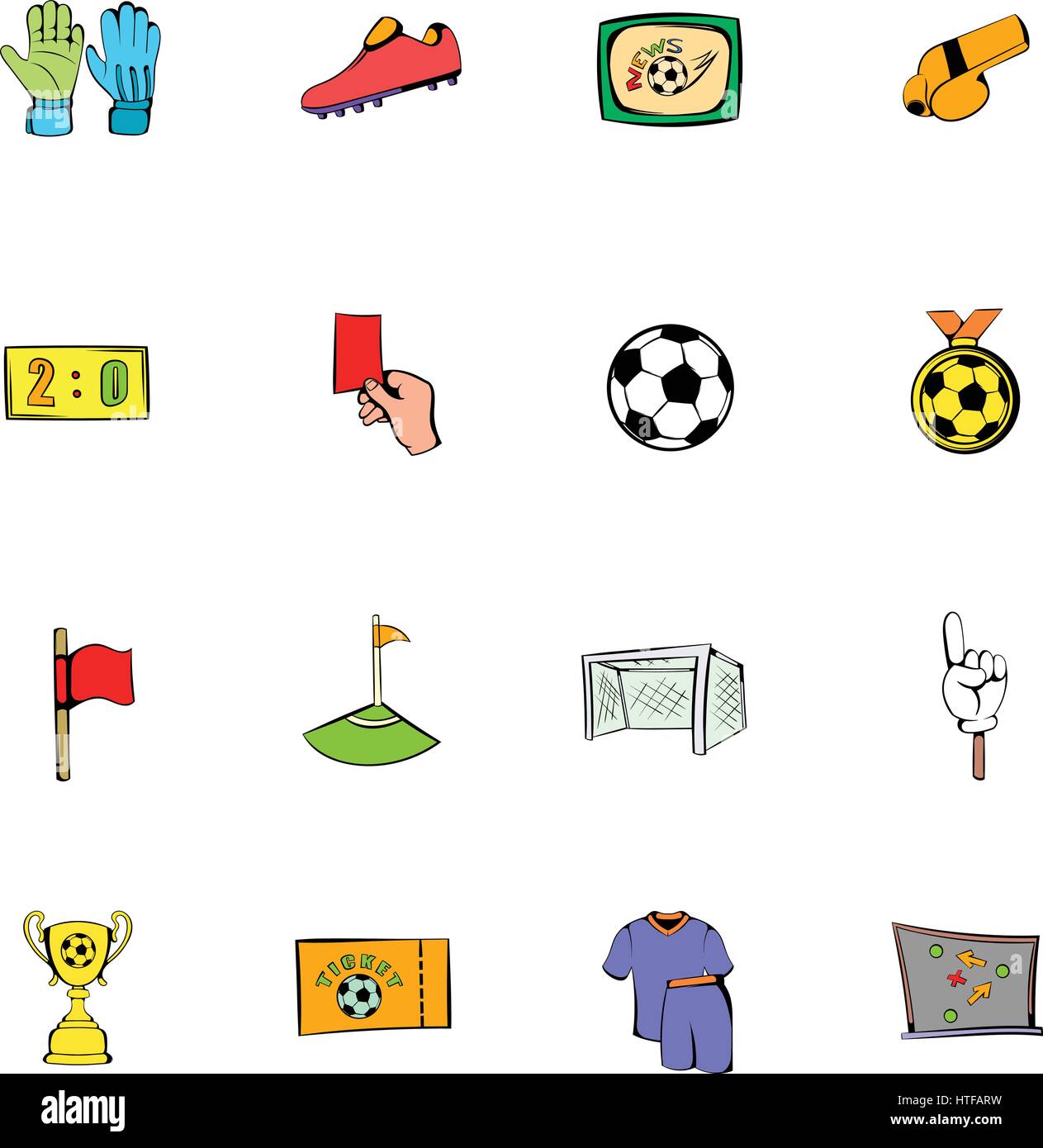 Soccer icons set in cartoon style isolated on white background vector ...