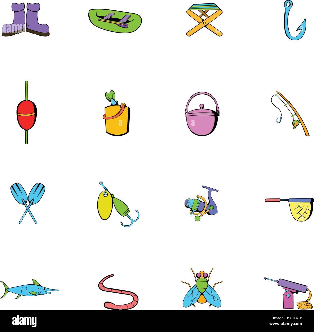 Fishing icons set in cartoon style isolated on white background vector ...