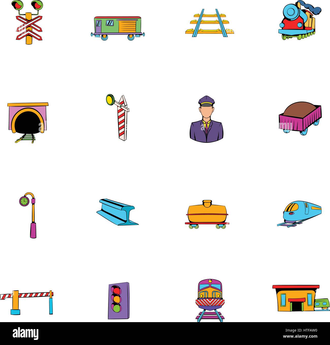 Railroad icons set in cartoon style isolated on white background vector ...