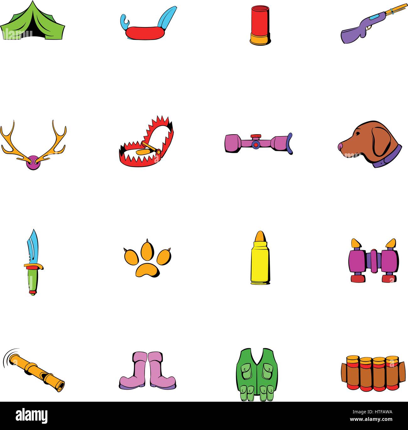 Hunting set icons set in cartoon style isolated on white background ...