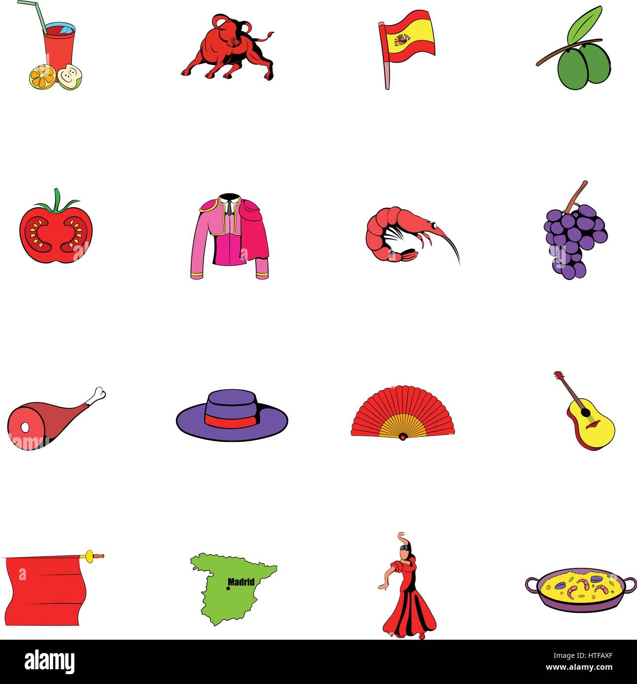 Spain icons set in cartoon style isolated on white background vector ...