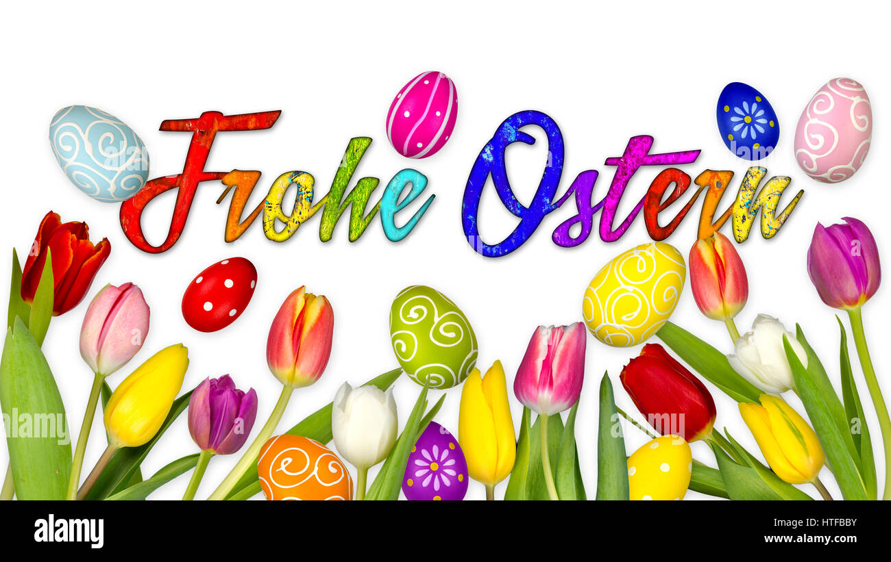colorful german happy easter background tulips eggs nest basket ...