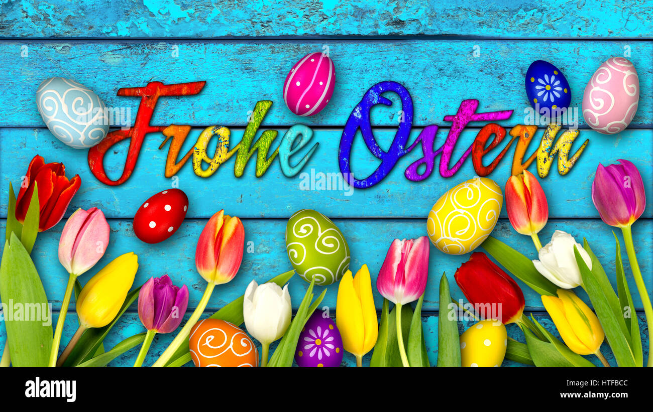 colorful wooden panorama german happy easter background tulips eggs ...