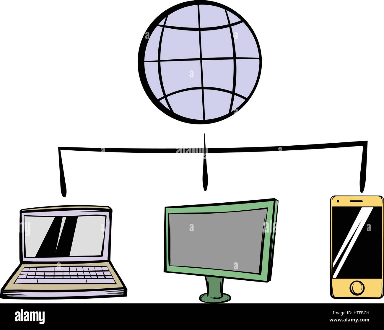 Globe with computers and mobile phone icon in cartoon style isolated ...