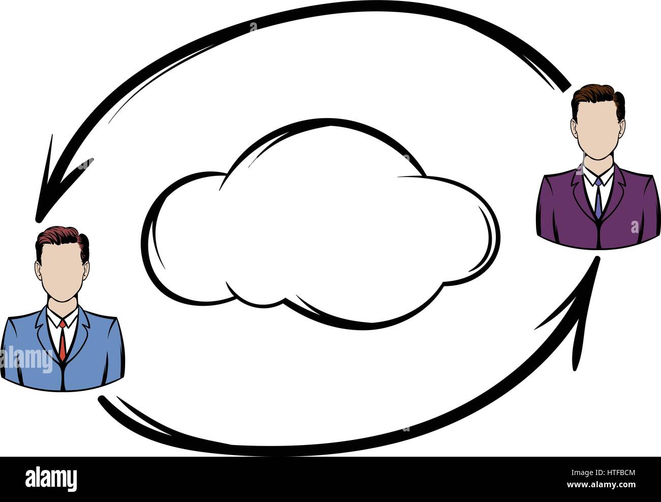 Two men exchange information, transferring data from white cloud icon ...