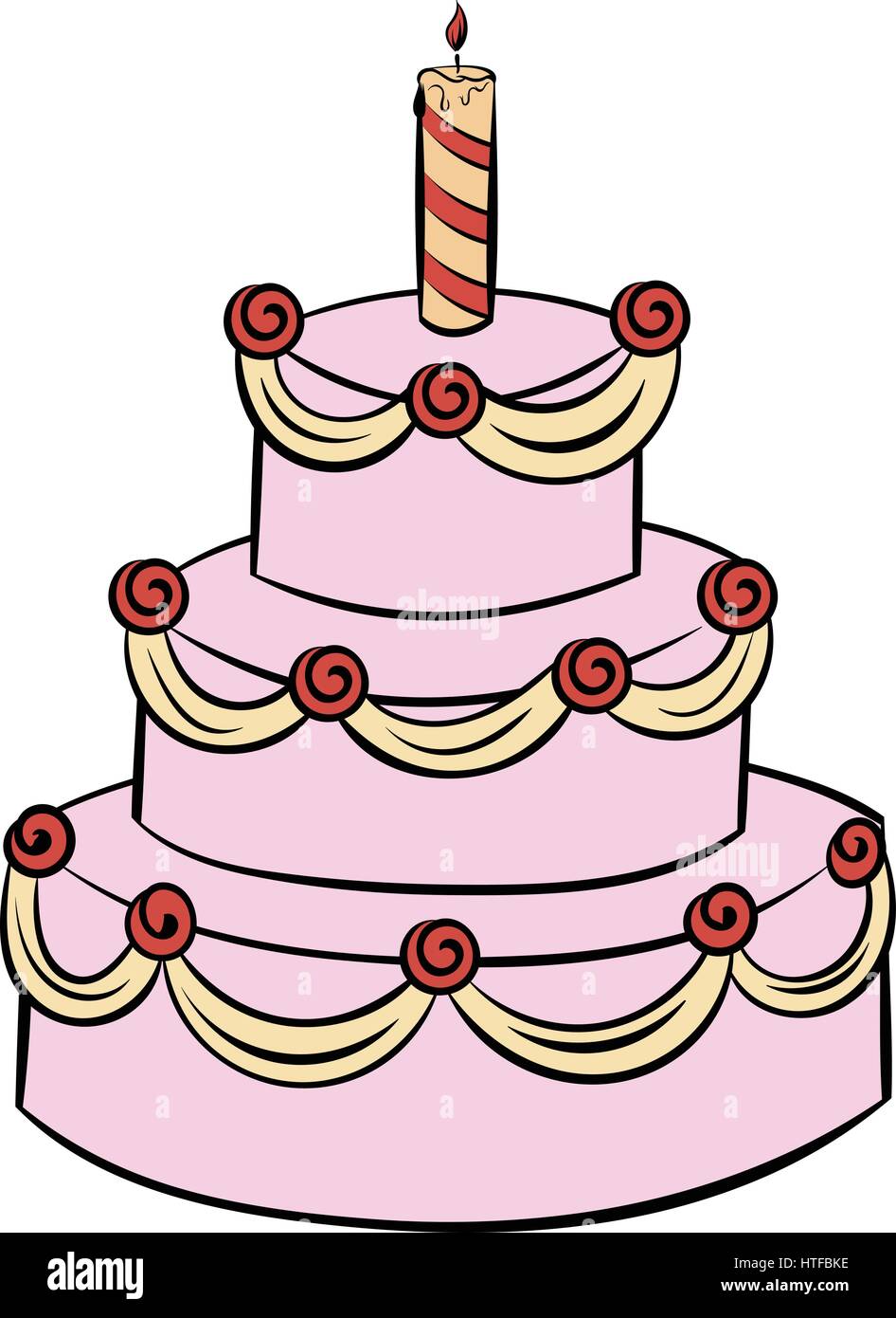 Three-tiered birthday cake with candle icon in cartoon style isolated ...
