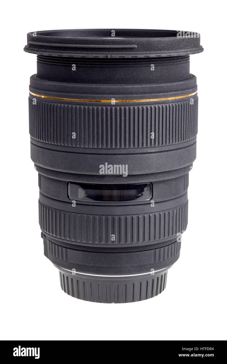 The lens of modern digital camera, side view. Isolated on white ...