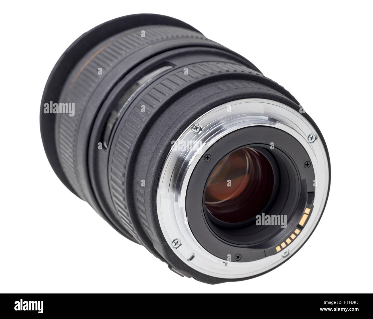 The lens of modern digital camera, rear view of the lens. Isolated on ...