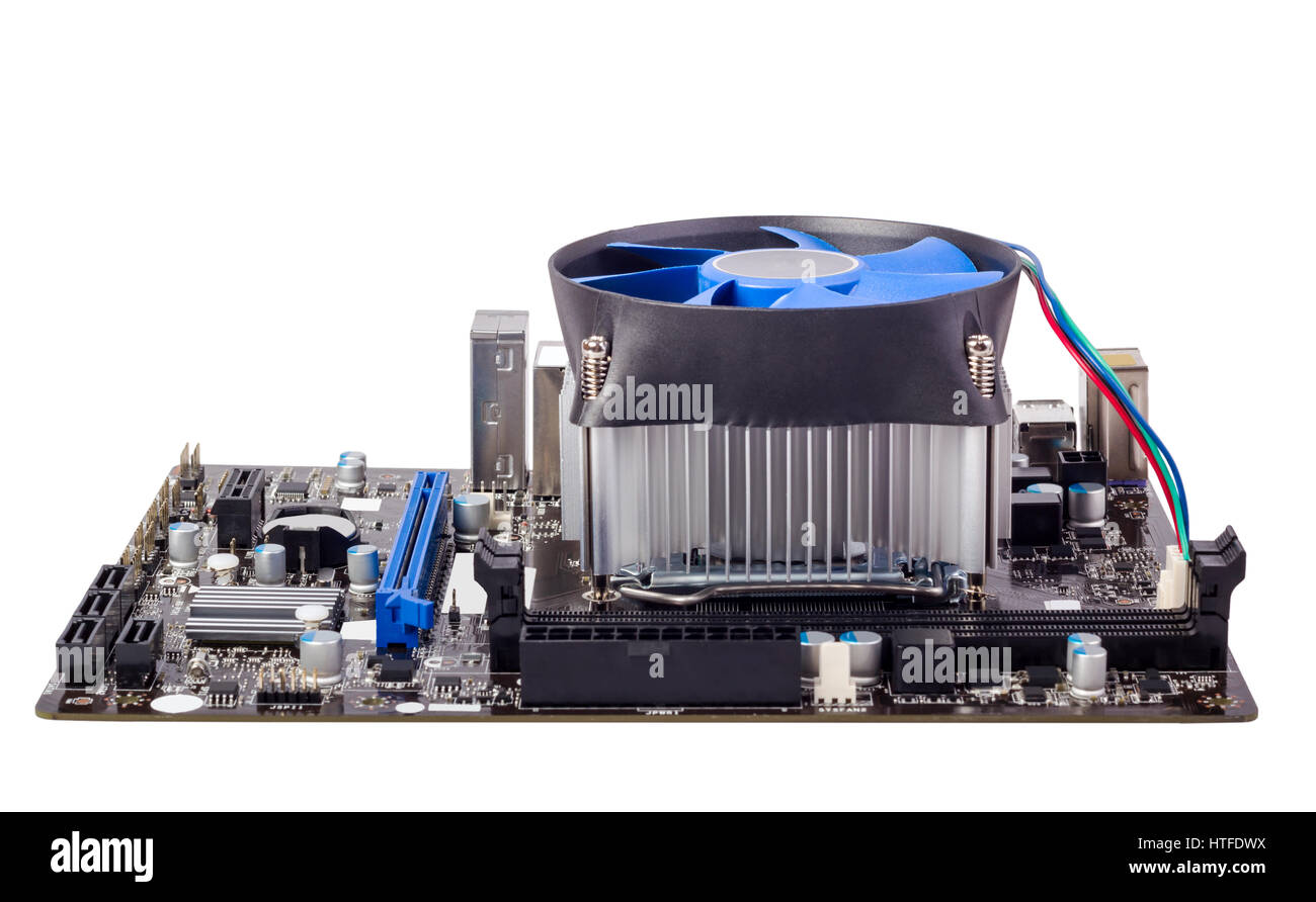Computer motherboard isolated on white background with CPU cooler Stock ...