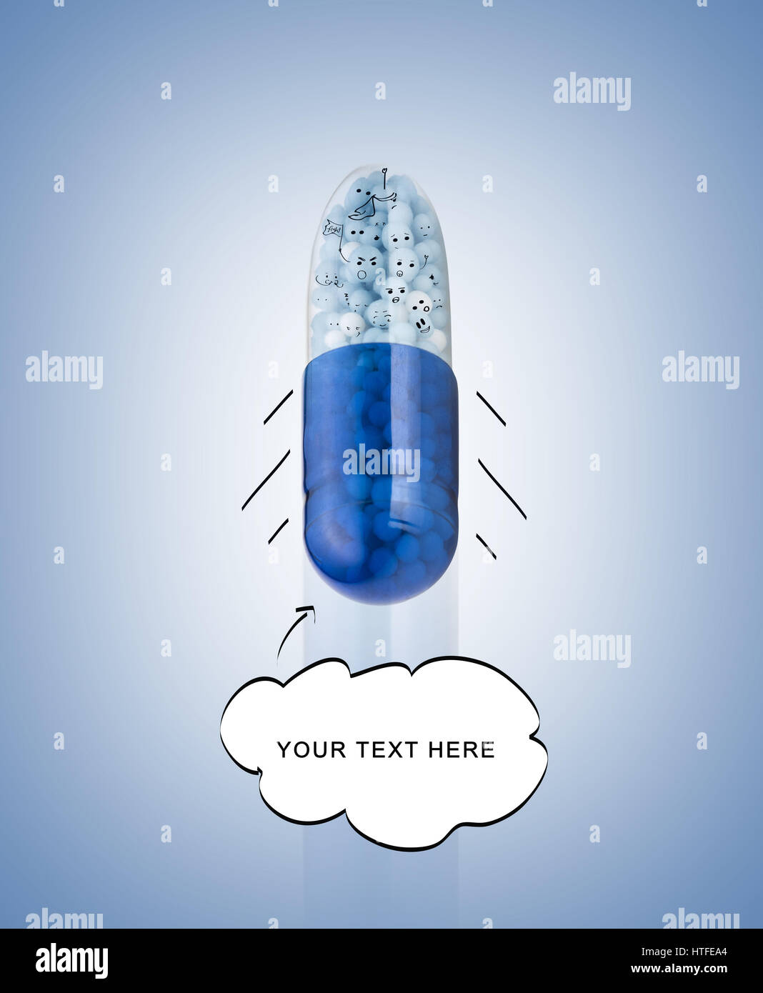 Blue capsules and pills background. Concept of Bullet and direct hit in ...