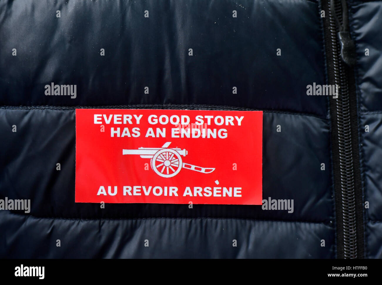 A close up of an Arsenal fan's badge at Finsbury Park, London Stock ...