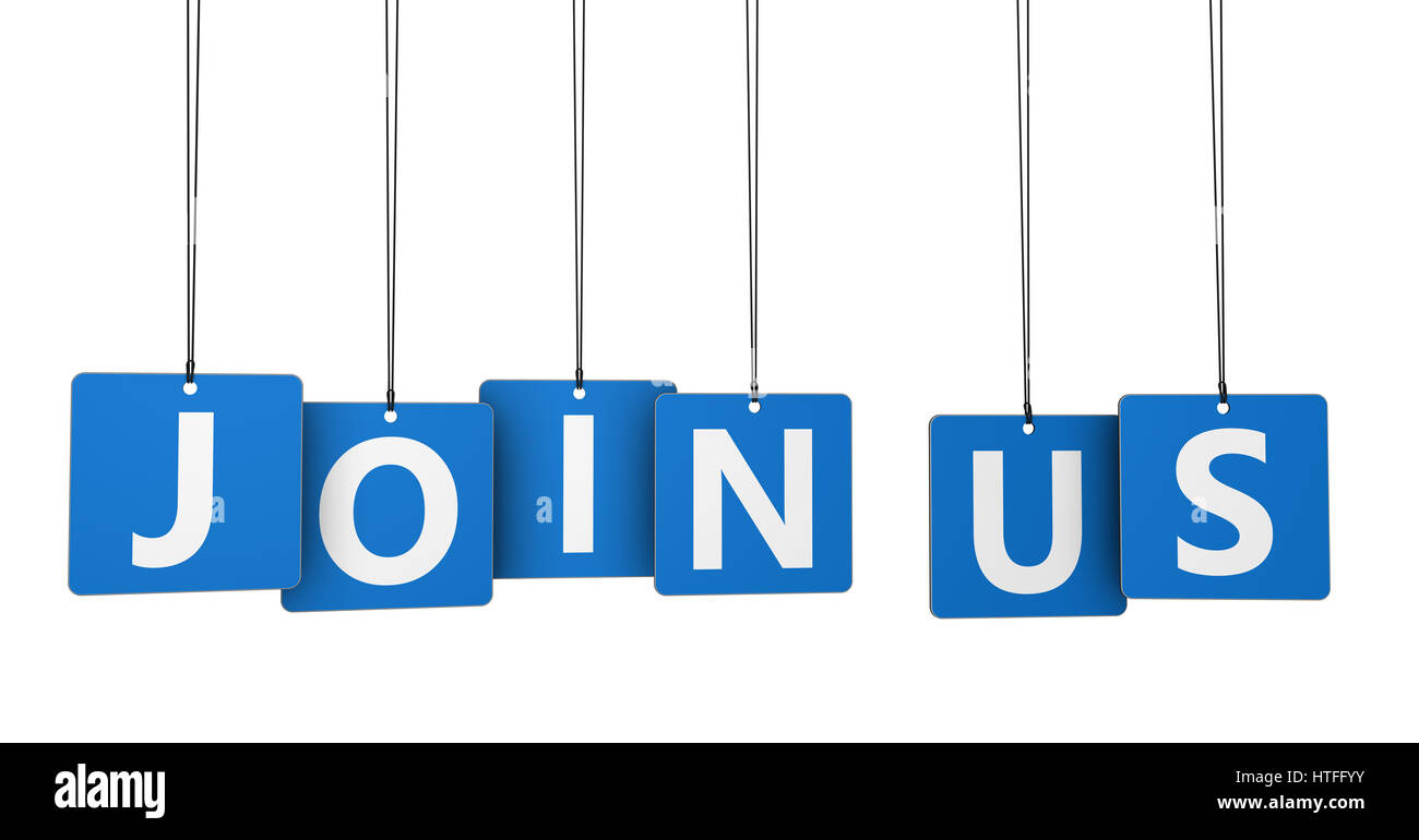 Join us sign and text on blue tags business concept 3d illustration ...