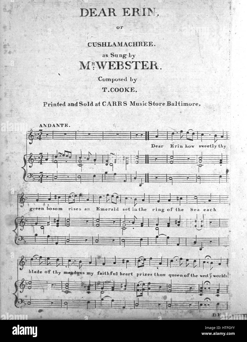 Sheet music cover image of the song 'Dear Erin, or, Cushlamachree ...