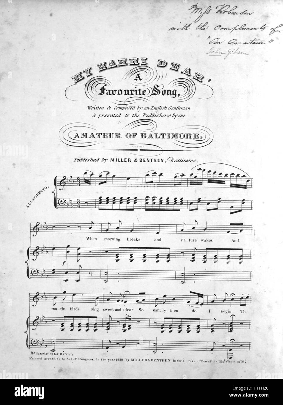 Sheet music cover image of the song 'My Harri Dear A Favourite Song ...
