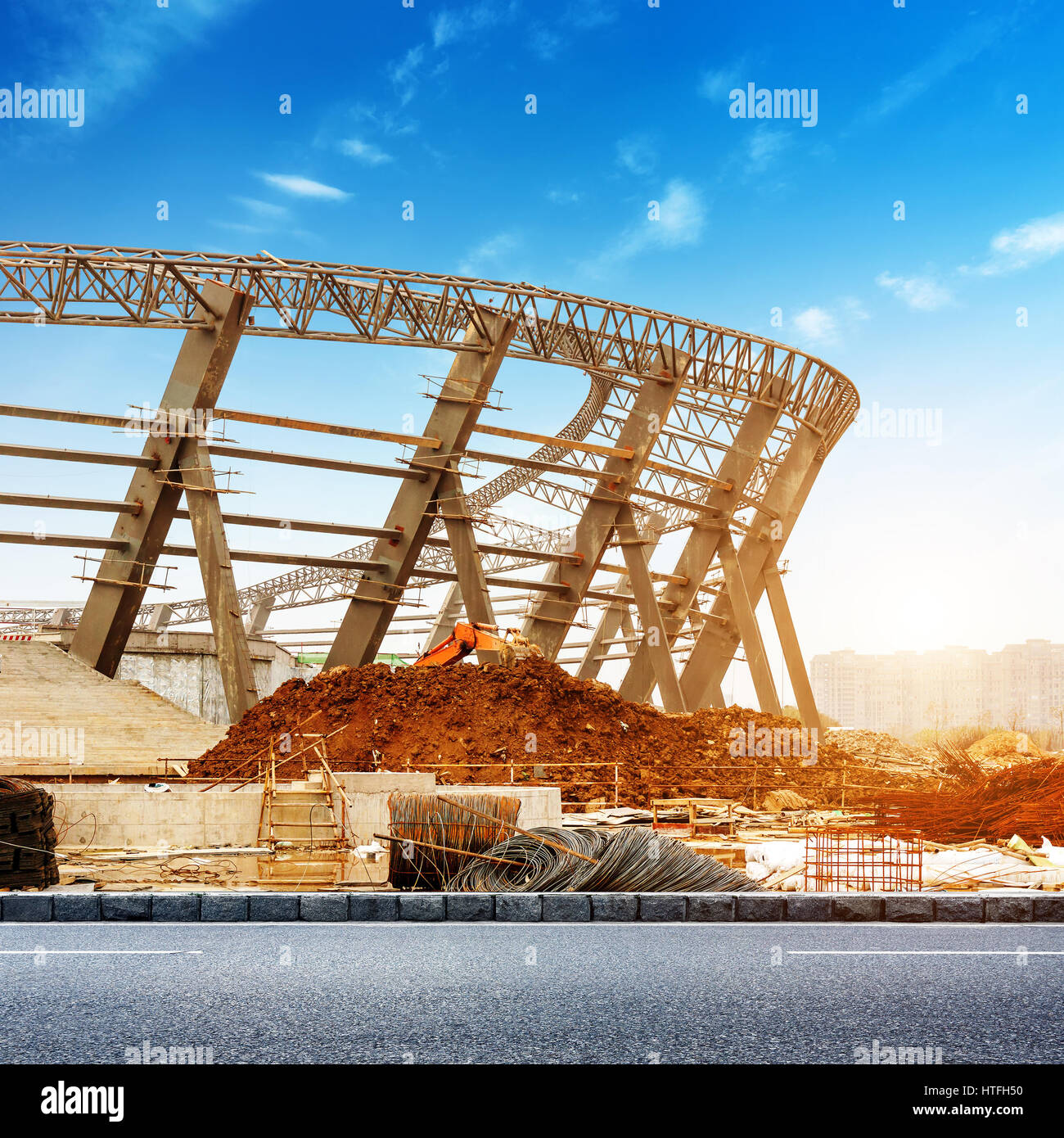 Construction site, a huge steel structure, dusk landscape Stock Photo ...