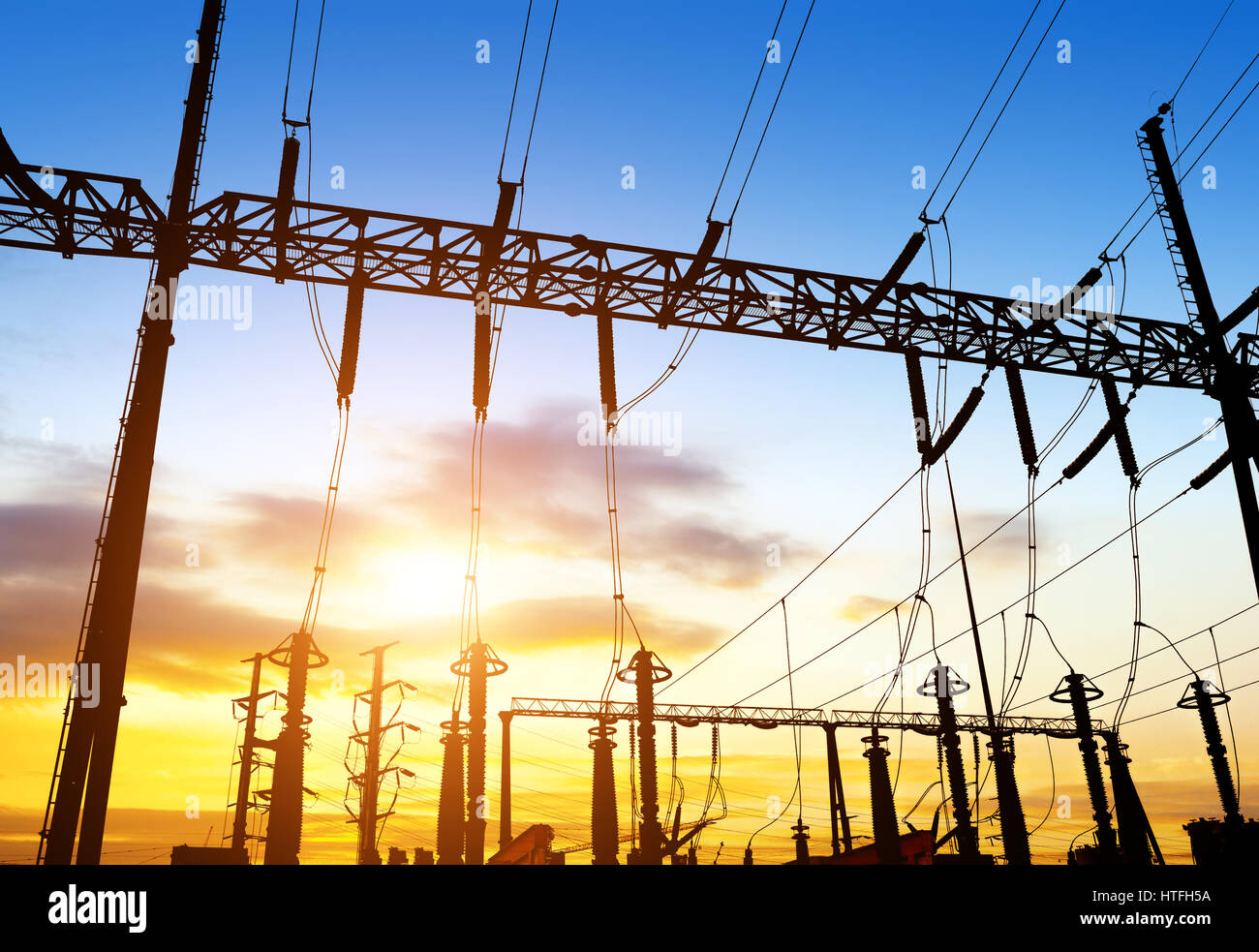 distribution electric substation with power lines and transformers, at ...