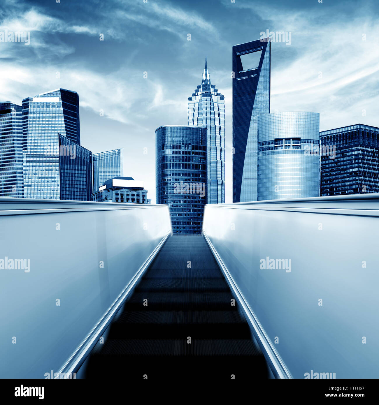 Escalator leading to the Shanghai skyscrapers, urban fantasy landscape ...