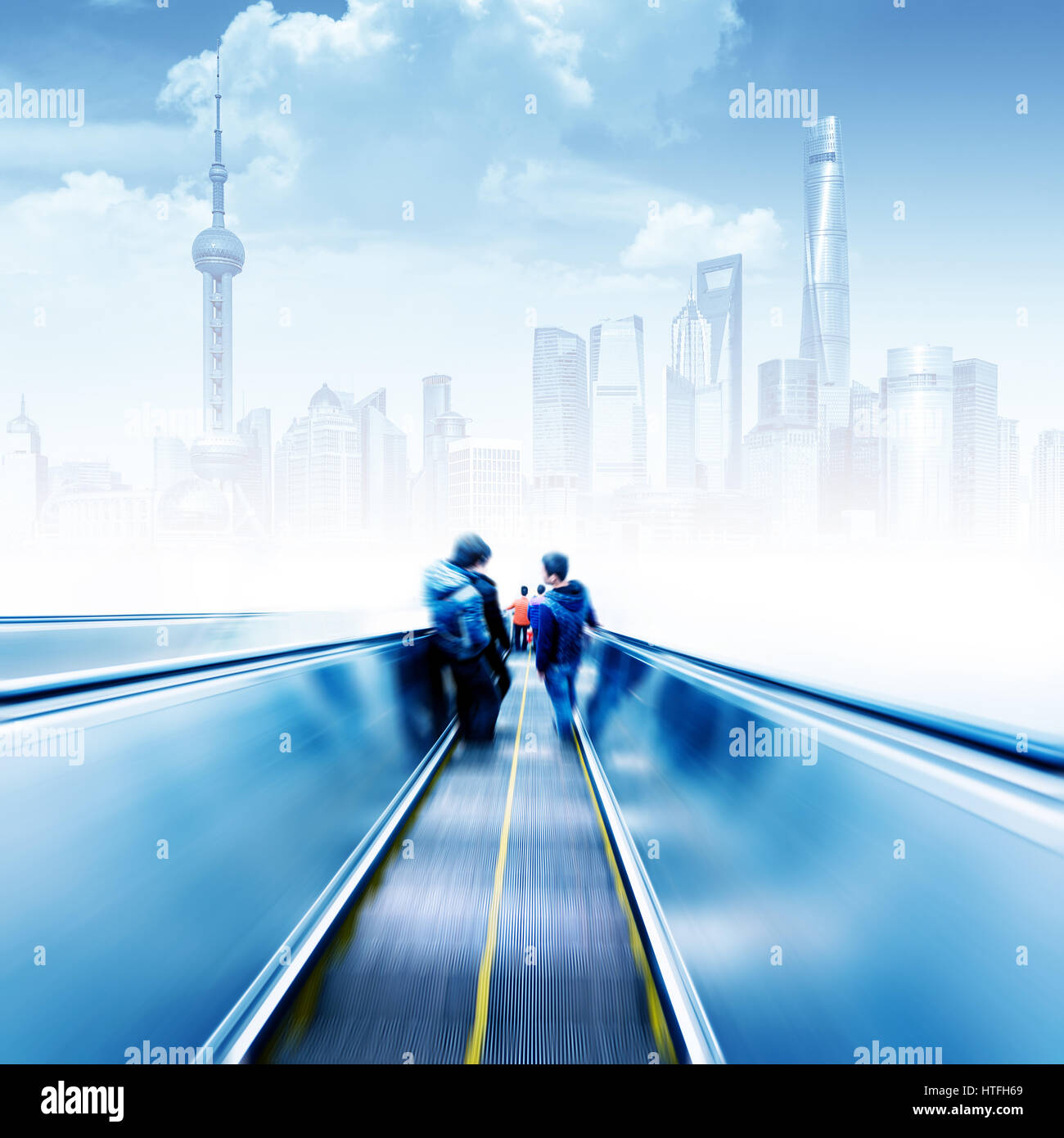 Escalator leading to the Shanghai skyscrapers, urban fantasy landscape ...