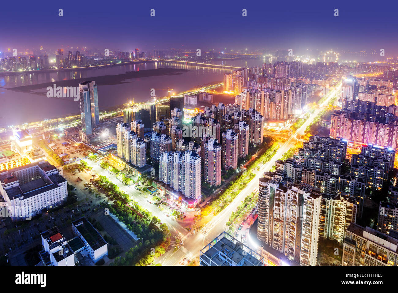 Aerial view of the big city night, skyscrapers bright lights Stock ...