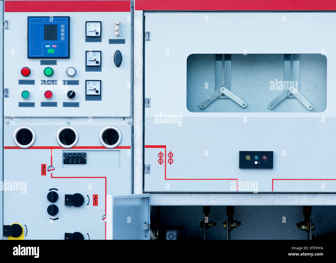 Electronic equipment into the cubicle front panel Closeup substation ...