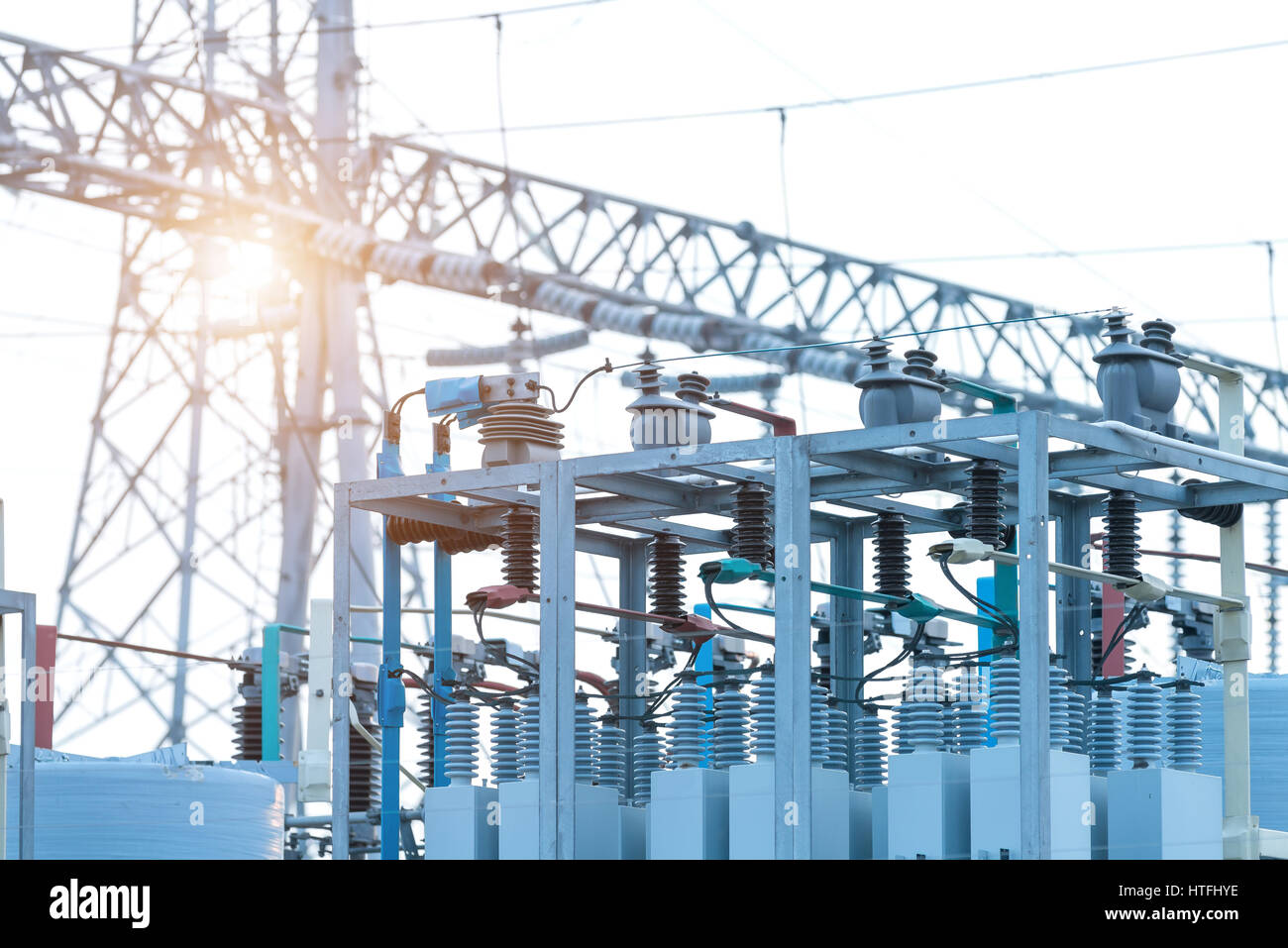Substation equipment and lines and pylons Stock Photo - Alamy