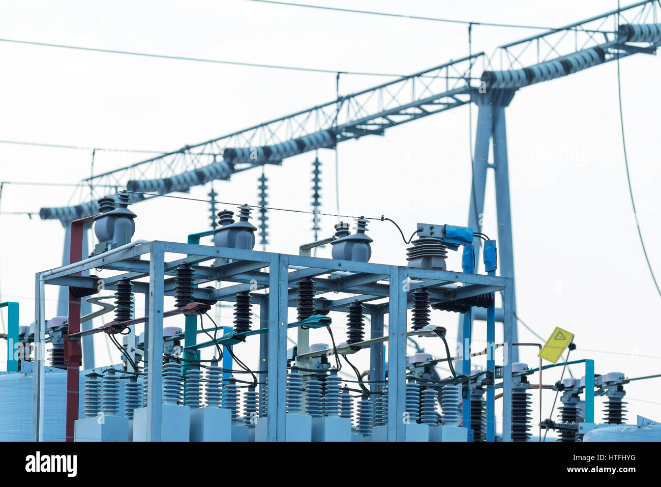 Substation equipment and lines and pylons Stock Photo - Alamy