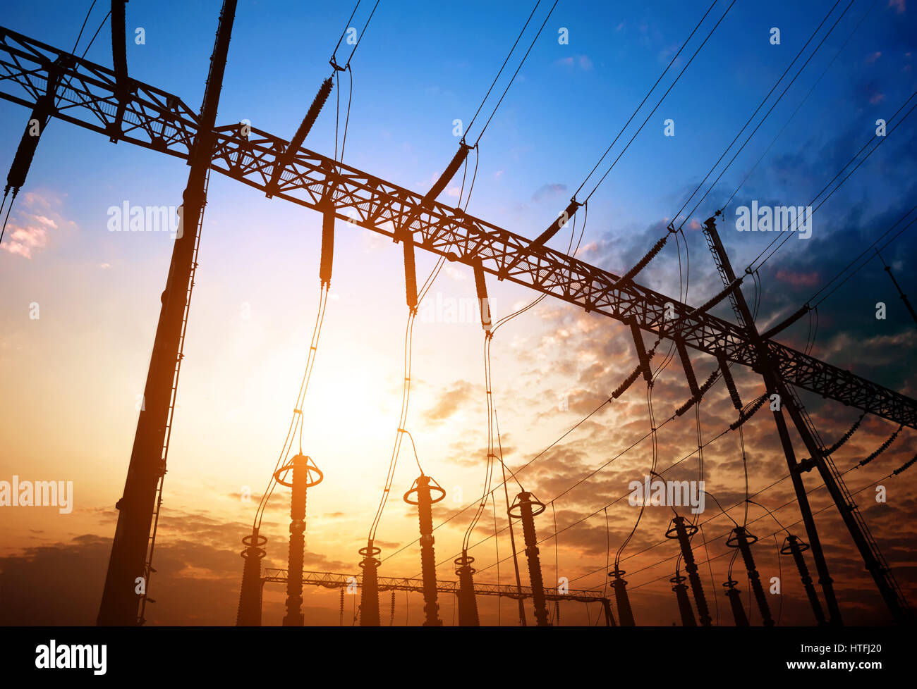 Substation equipment and lines and pylons Stock Photo - Alamy