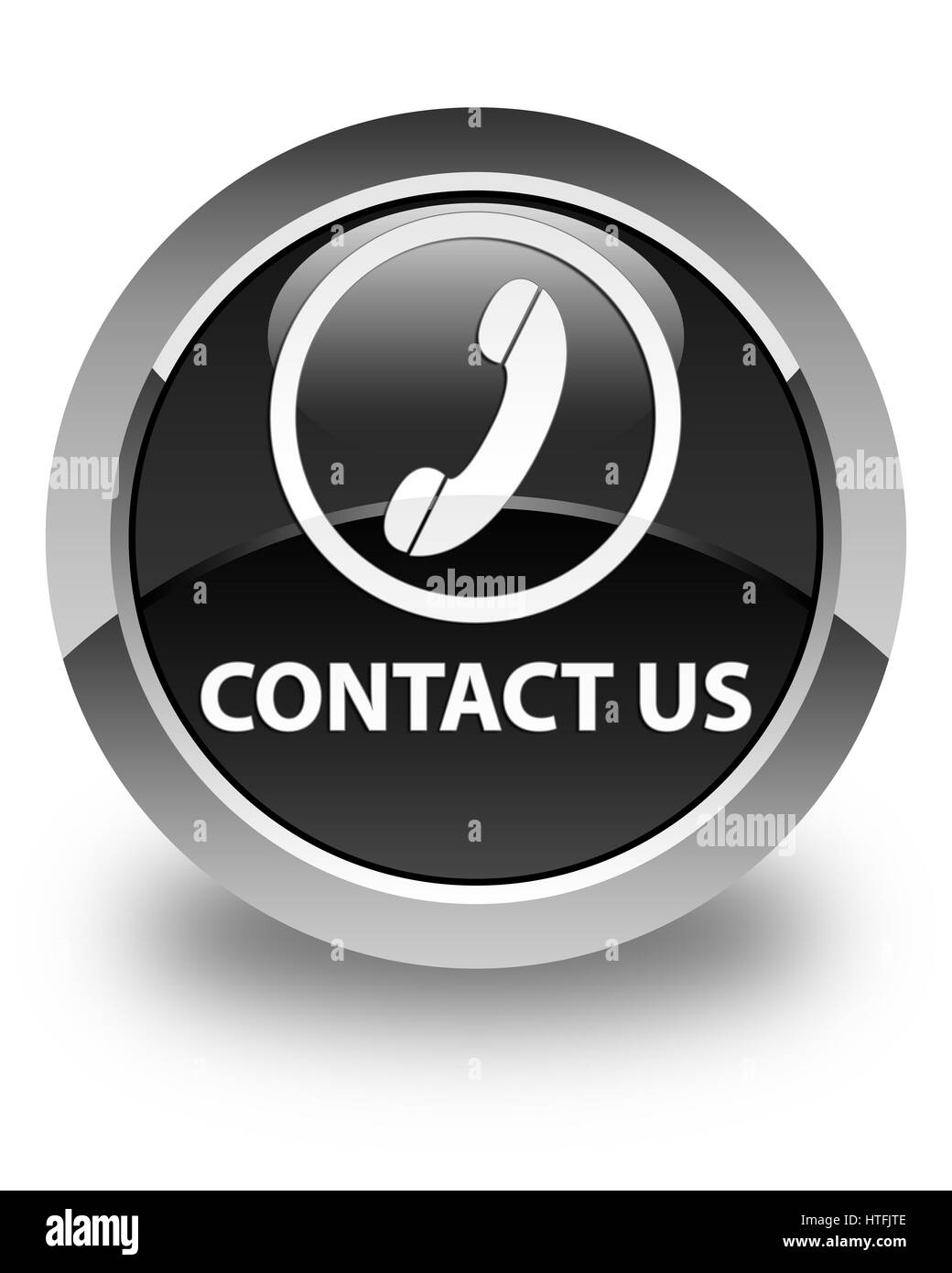 Contact us (phone icon) isolated on glossy black round button abstract ...