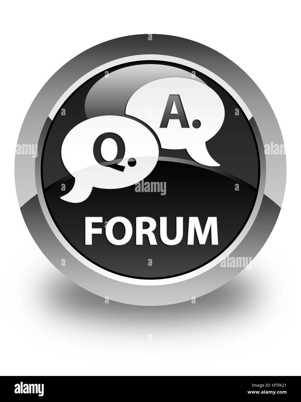 Forum (question answer bubble icon) isolated on glossy black round ...