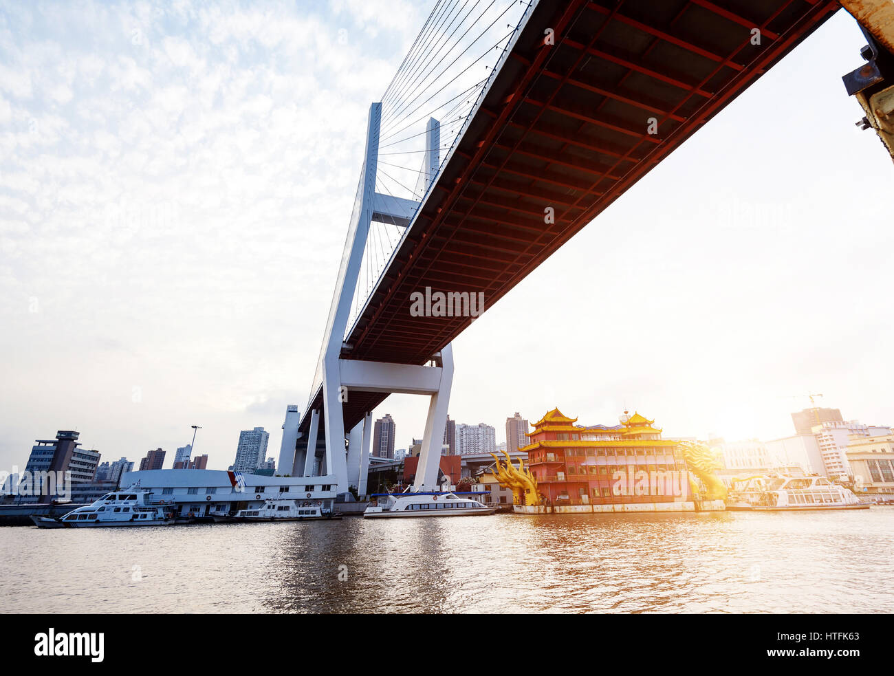Huangpu River in Shanghai, China, Nanpu Bridge under the sky background ...