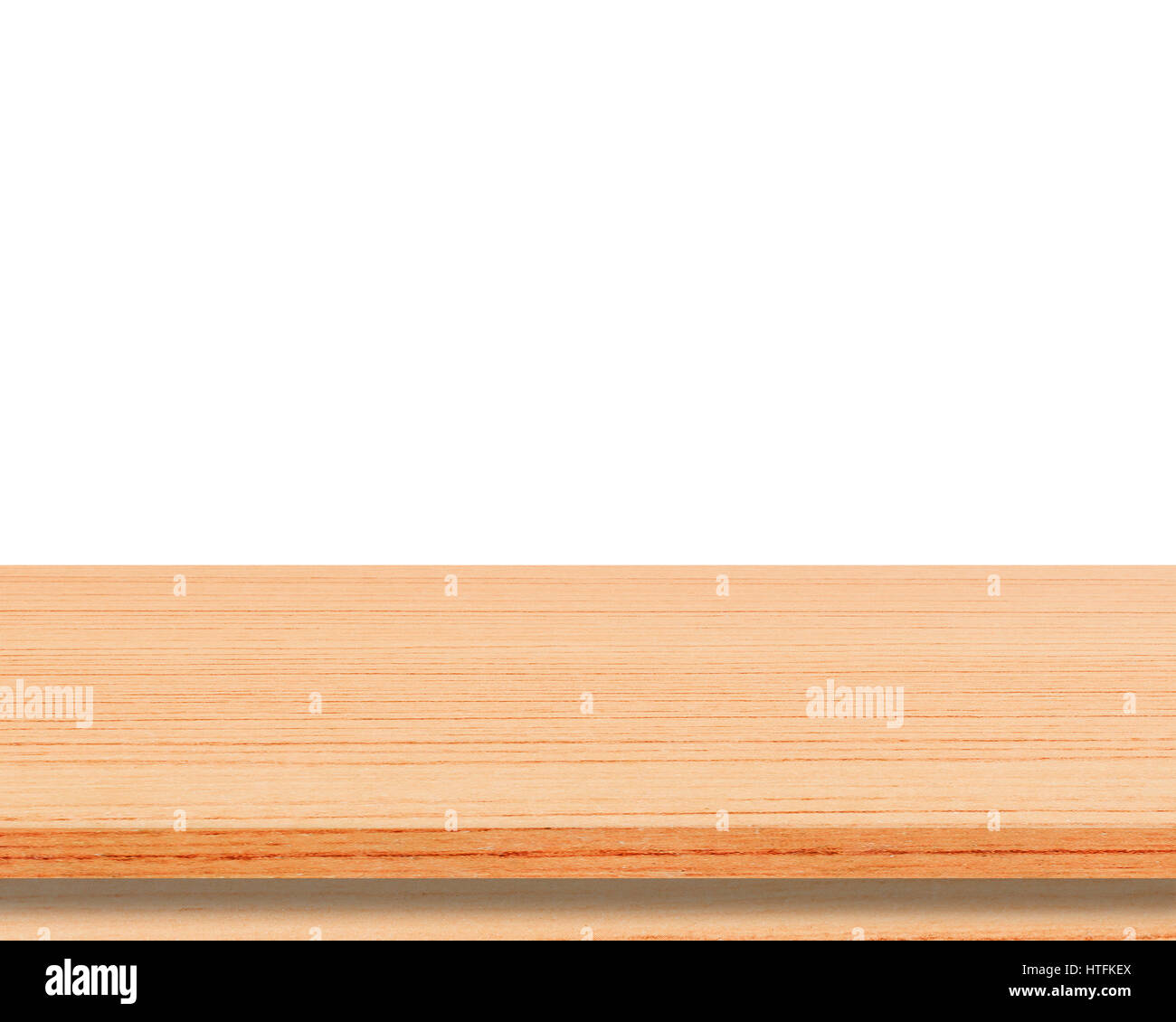 Empty wooden table top isolated on white background for display montage ...