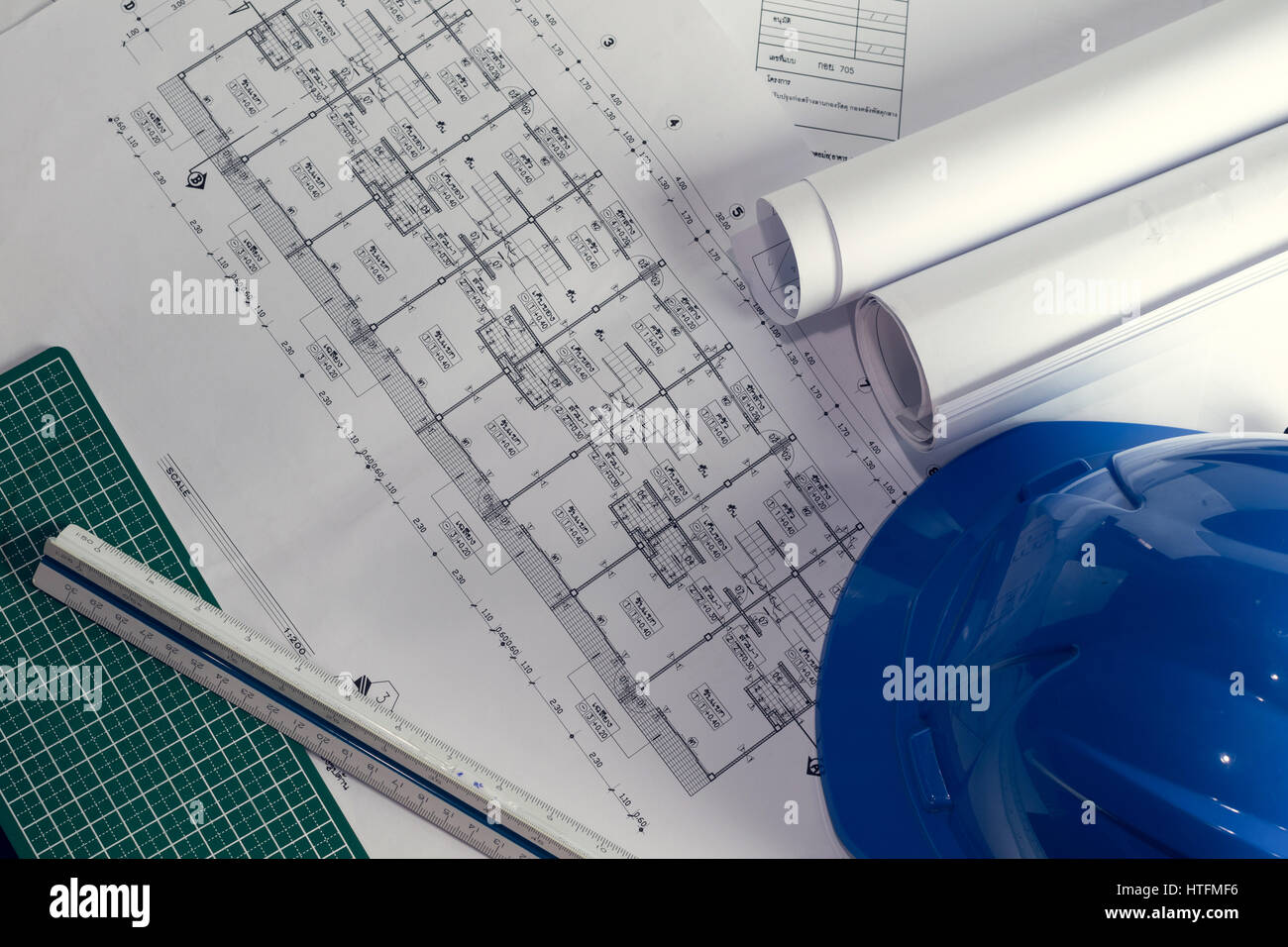 architectural plans project drawing with blueprints rolls Stock Photo ... architectural plans project drawing with blueprints rolls Stock Photo ...