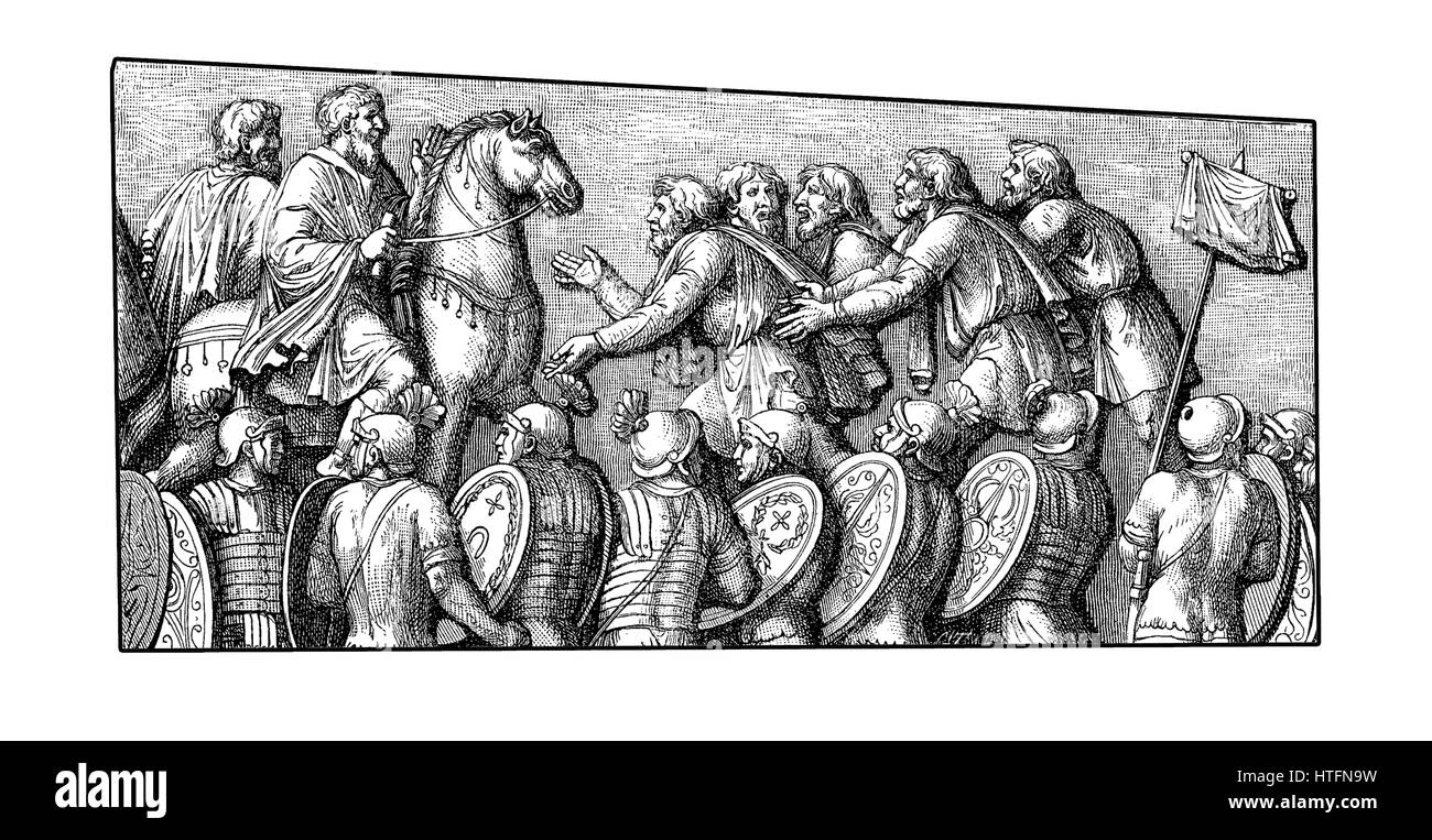 Vintage engraving representing Germans of the Marcomanni tribe begging ...