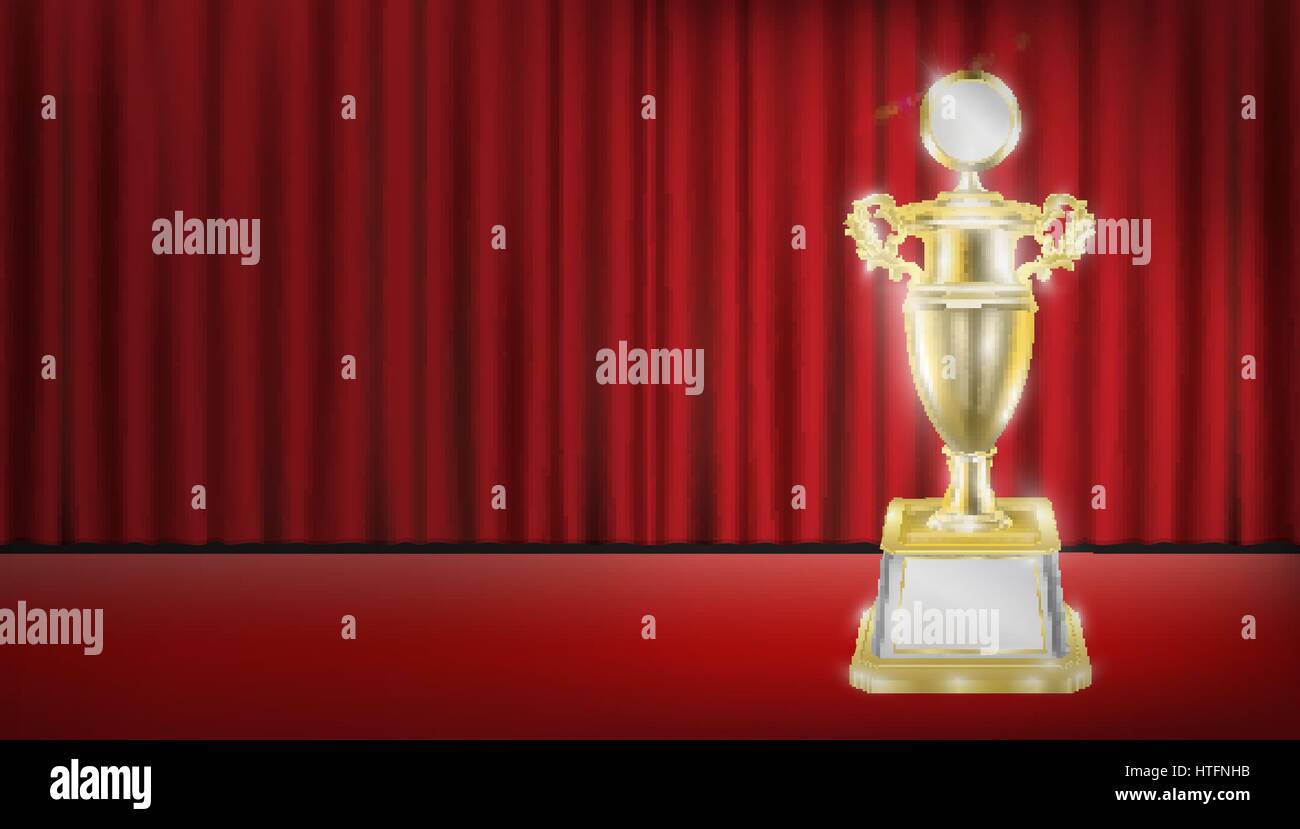 real golden trophy with red curtain stage background Stock Vector Image ...