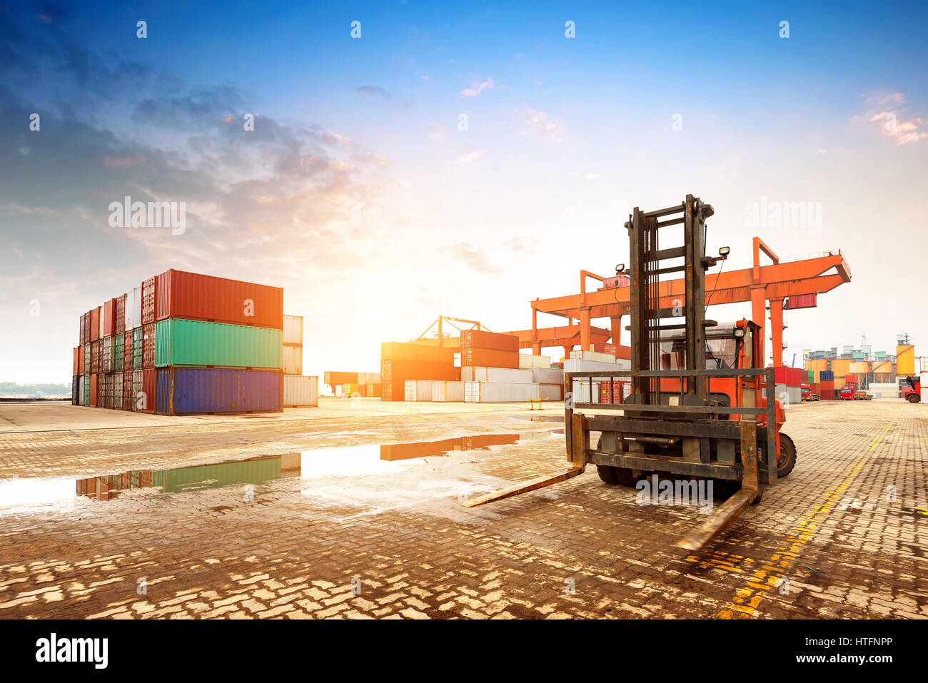 When the container terminal at dusk, work cranes and forklift Stock ...