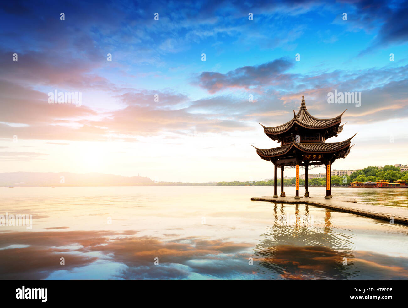 ancient pavilion in hangzhou with sunset glow,China Stock Photo - Alamy