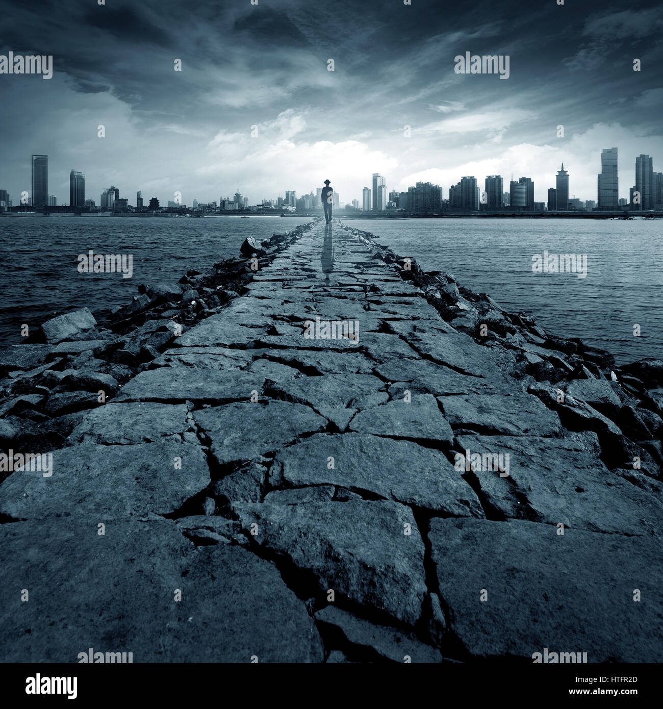 Man walking on river dams, modern urban fantasy landscape Stock Photo ...