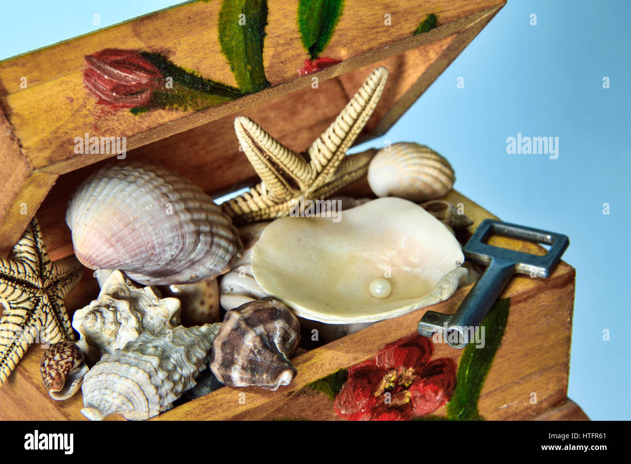 Wooden box with pearl shell, shells, and a key for the treasure Stock ...