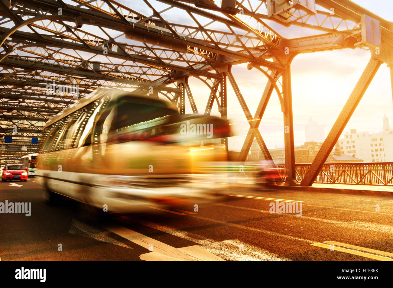 bus throught the bridge in Shanghai Stock Photo - Alamy