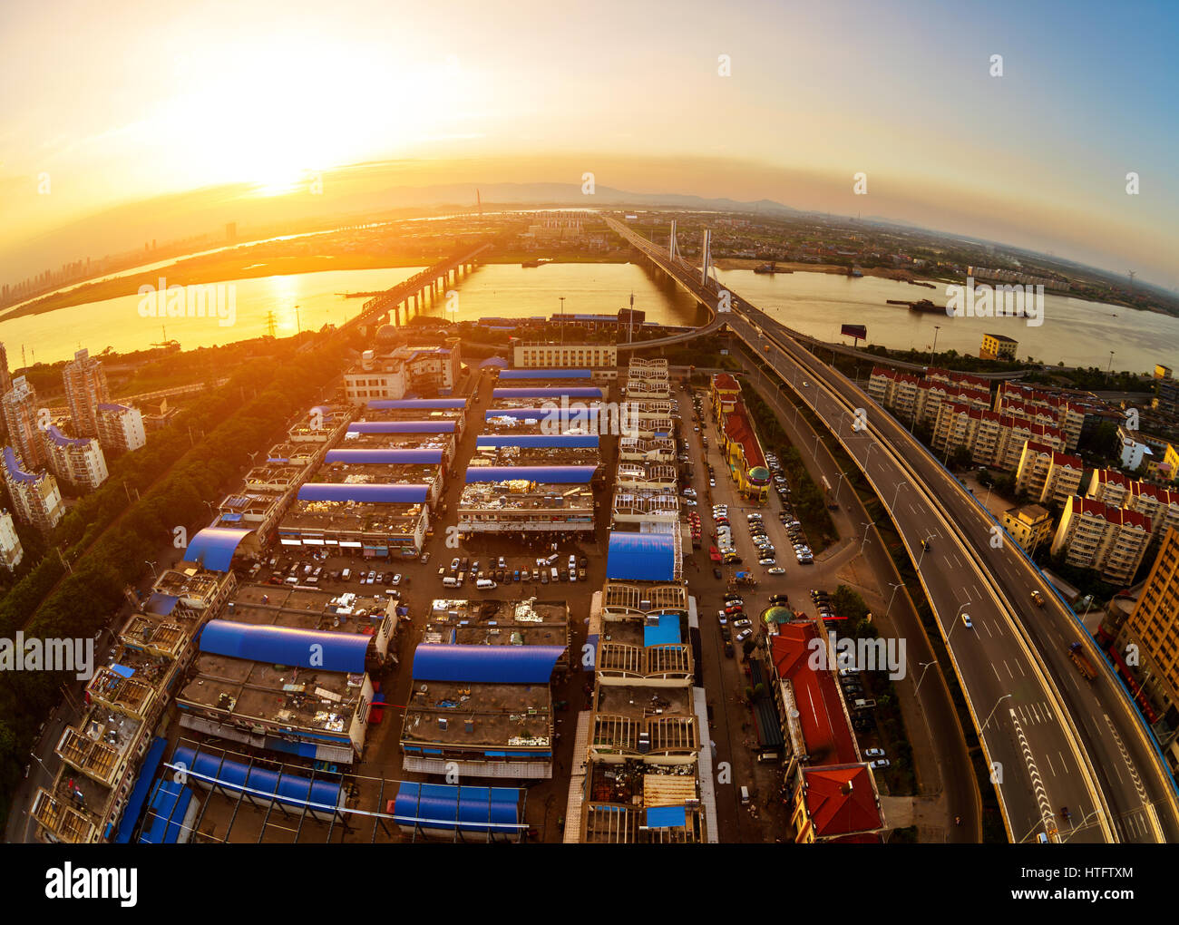City at dusk, aerial view of the bridge Stock Photo - Alamy