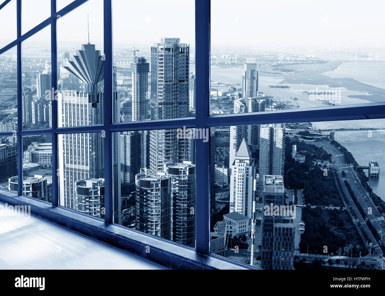 The landscape outside the window: the big city skyscrapers Stock Photo ...