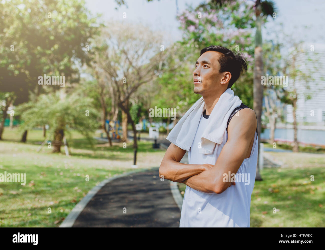 Portrait of a happy running man at public park , Healthy lifestyle ...